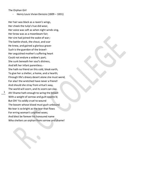 Sem Ii Poetry Notes 1 The Orphan Girl Henry Louis Vivian Derozio
