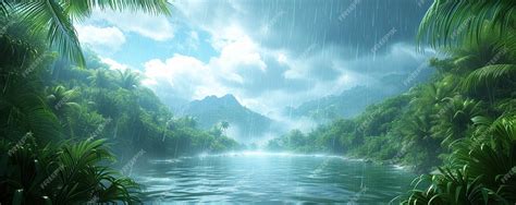 Premium Photo A Tropical Rain Shower Over Lush Green Wallpaper
