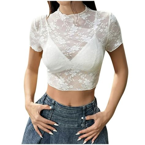 Fengactive Womens Lace T Shirts Flower Clothes See Through Mesh Crop