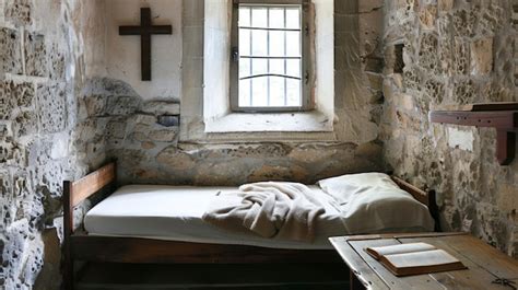 Rustic Monastic Room With Wooden Cross Single Bed And Open Bible By