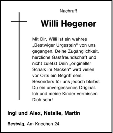 Traueranzeigen Von Willi Hegener Trauer In Nrw De
