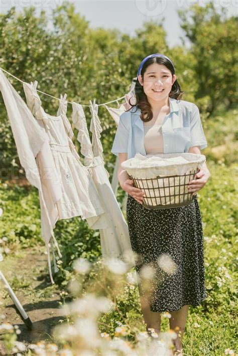 Rural Farm Girl Folk Women Maid Housewife Drying Clothes Outdoors