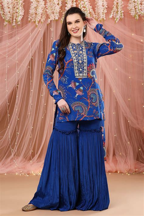 Buy Aayushi Maniar Blue Crepe Silk Floral Print Jacket And Gharara Set