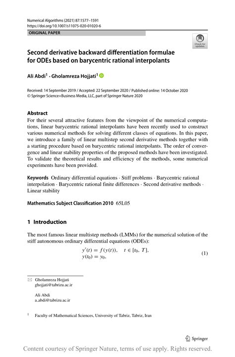 Second Derivative Backward Differentiation Formulae For Odes Based On Barycentric Rational