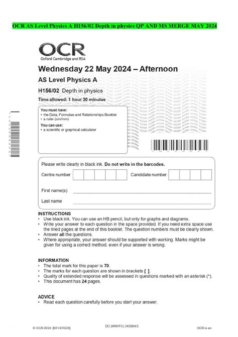 Ocr As Level Physics A H15602 Depth In Physics Qp And Ms Merge May