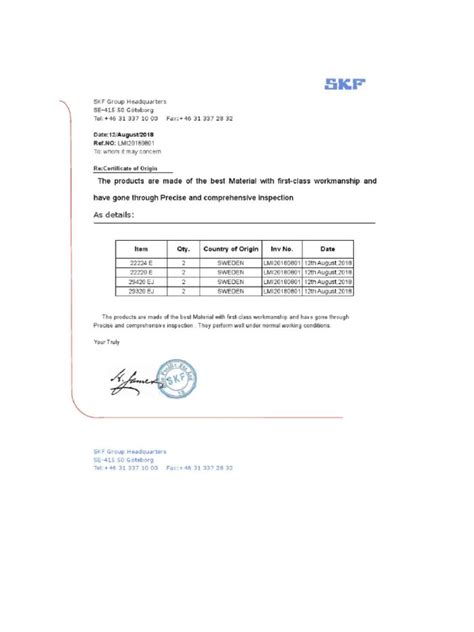 Skf Origin Certificate Pdf