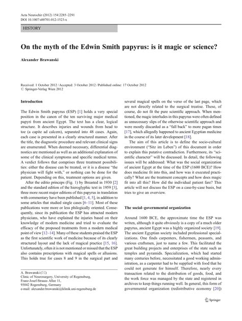 Pdf On The Myth Of The Edwin Smith Papyrus Is It Magic Or Science