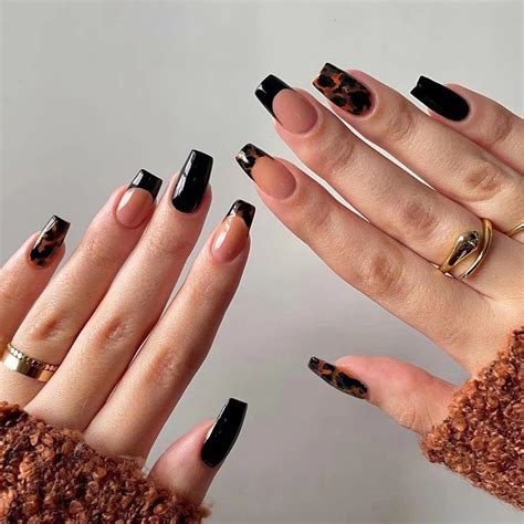 M15 Tortoiseshell Black French Tip Coffin Nail