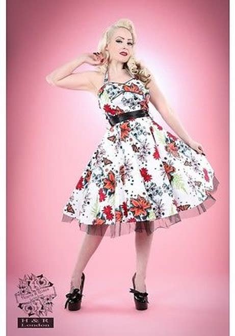 Handr London White Tiger Swallowtail Red Daisy 50s Vintage Halter Cocktail Dress Fearless Apparel