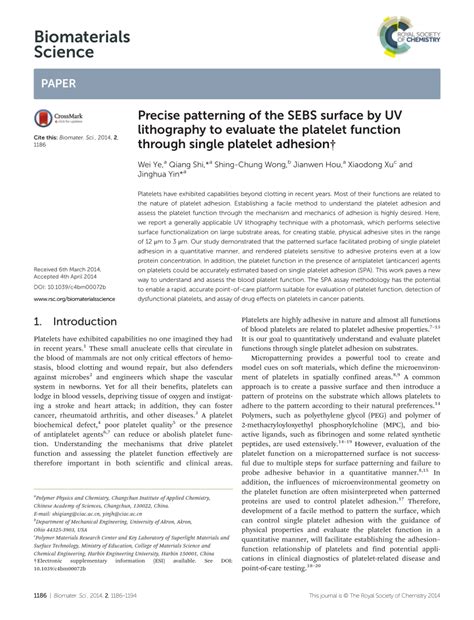 Pdf Precise Patterning Of The Sebs Surface By Uv Lithography To Evaluate The Platelet Function