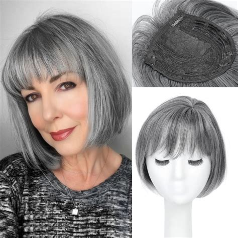 Udu Gray Hair Topper For Women Short Bob With Bangs
