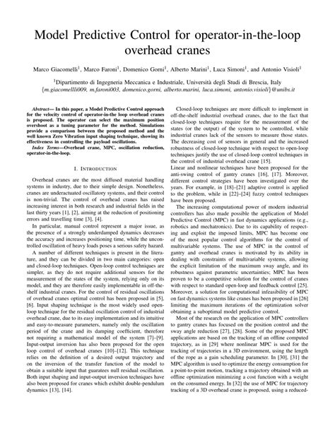 Pdf Model Predictive Control For Operator In The Loop Overhead Cranes
