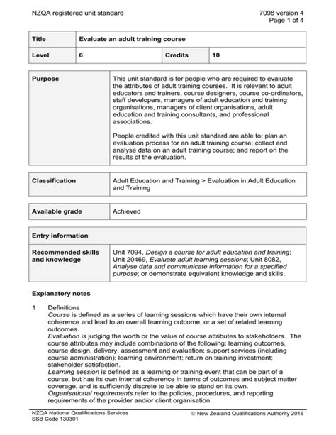 Evaluate Adult Training Course Nzqa Unit Standard 7098