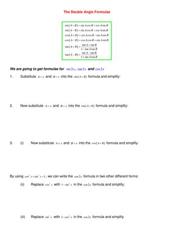 Double Angle Formula Worksheet Doc