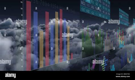 Floating Panels Hovering Above Clouds In Simulation Showing Vivid Bar And Line Charts Ticker