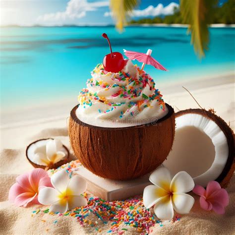 A Coconut Cocktail Served In A Coconut Shell Stock Illustration