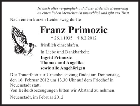 Traueranzeigen Von Franz Primozic Trauerundgedenken De