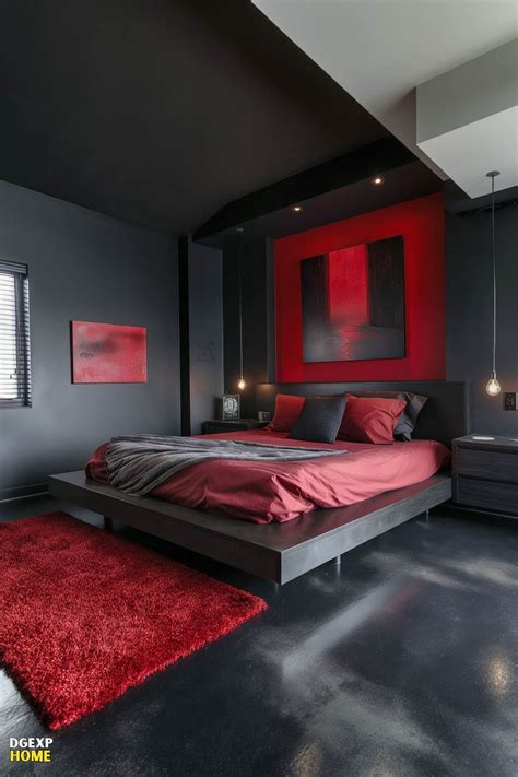 Modern Floating Bed In Red And Black Bedroom With Minimalist Design