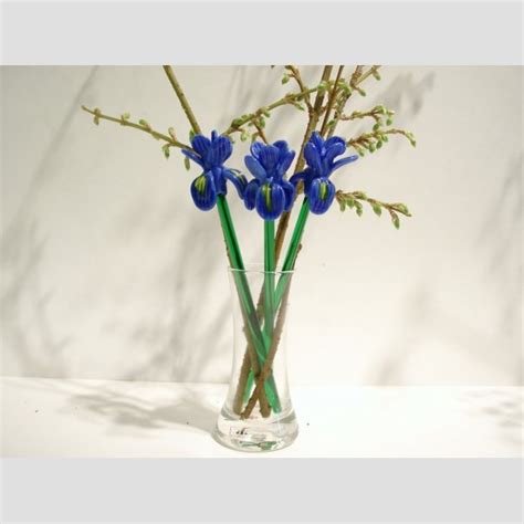 Blomster Blågule Iris Glas Blomster På Grøn Stilk 16 17cm 1 Sæt