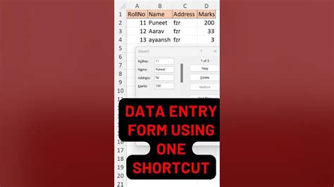 Excel Automatic Data Entry Form Using 1 Shortcut Viral Shorts Shortvideo Excel Youtube