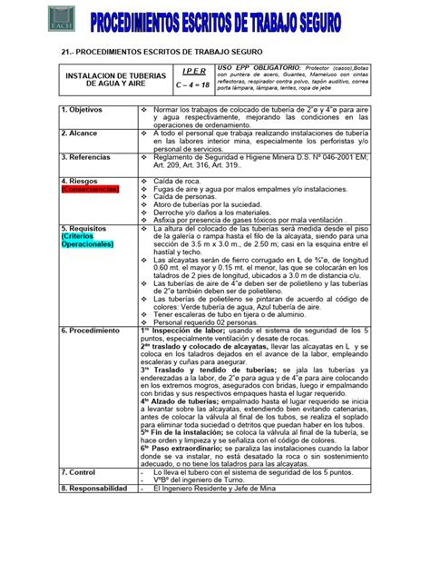 Instalación Segura De Tuberías En Mina Pdf Equipo Ingeniería De Edificación