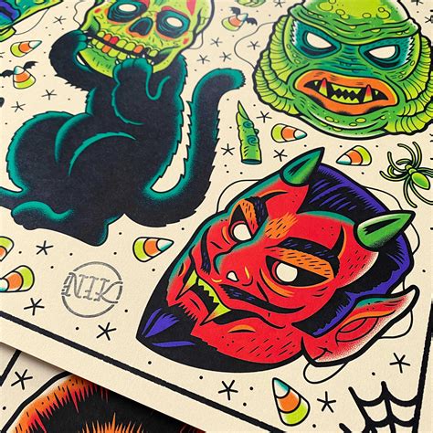 Vintage Halloween Trick Or Treat Masks Traditional Tattoo Flash Art