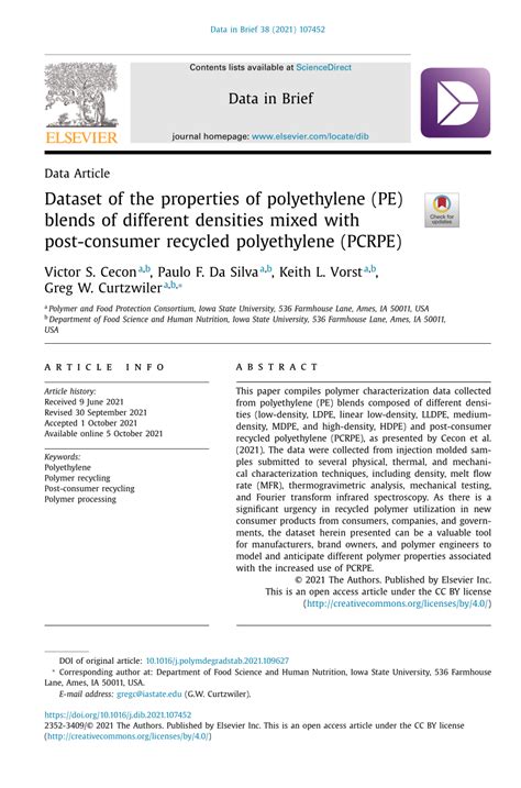 Pdf Dataset Of The Properties Of Polyethylene Pe Blends Of Different Densities Mixed With
