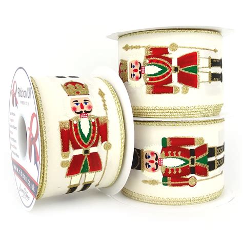 Christmas Nutcracker Ribbon Cream And Gold 63mm X 10 Yards Ribbon Uk