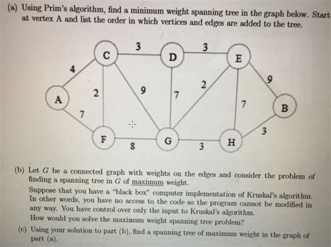 Solved A Using Prim S Algorithm Find A Minimum Weight Chegg