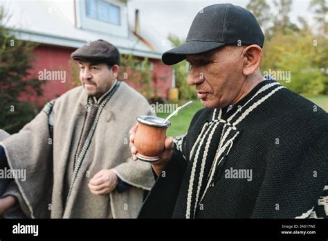 Thoughtful Senior Men In Traditional Mapuche Clothing And Beret Looking
