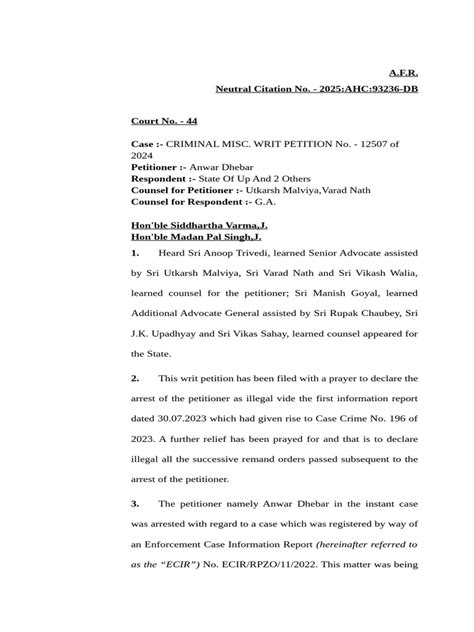 Anwar Dhebar Vs State Of Up And 2 Others 2025 Livelaw Ab 206 Allahabad High Court 602789 Pdf