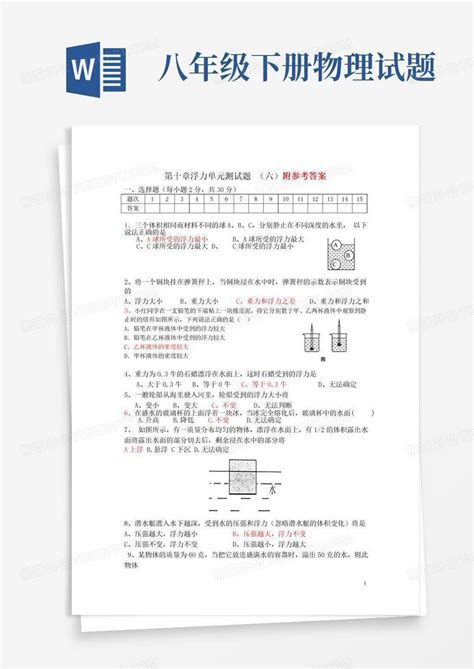 第十章浮力单元测试题word模板下载编号lpxxjgkd熊猫办公
