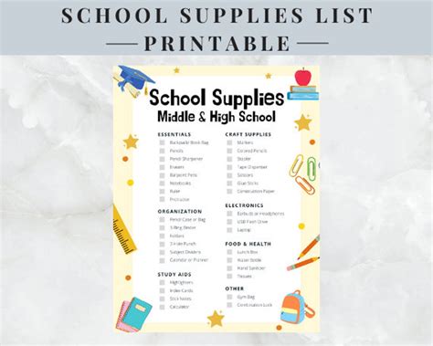 Middle And High School Supplies List Printable Back To School