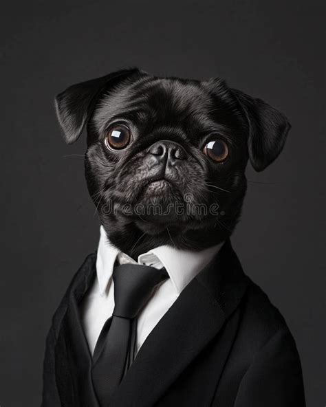 Pug Dressed In Black Suit And Tie Against Dark Background Stock Image