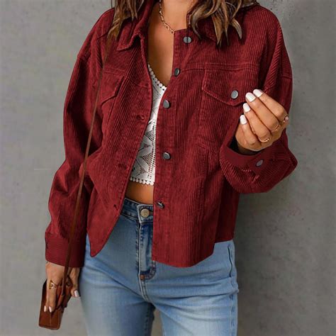 Clodeeu Womens Corduroy Jacket Lapel Button Long Sleeve Jacke Fall