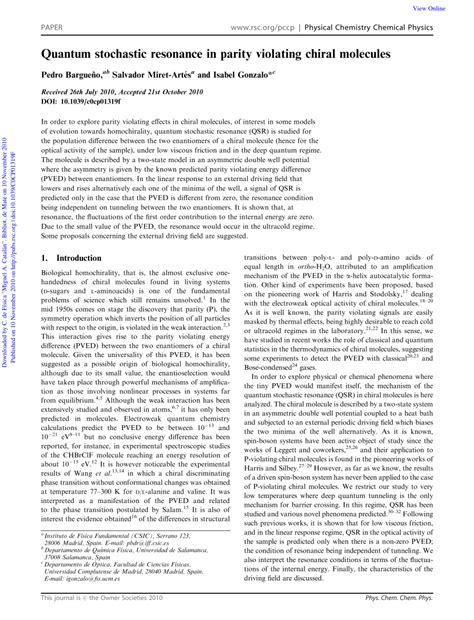 Pdf Quantum Stochastic Resonance In Parity Violating Chiral Molecules