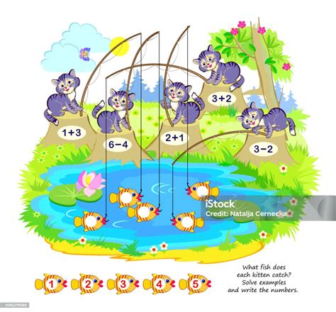 어린이를 위한 수학 교육 각 새끼 고양이는 어떤 물고기를 잡습니까 예를 풀고 숫자를 씁니다 어린이를 위한 교육 페이지입니다 학교