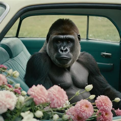 A Gorilla Sits In A Car With Flowers In It Premium Ai Generated Image