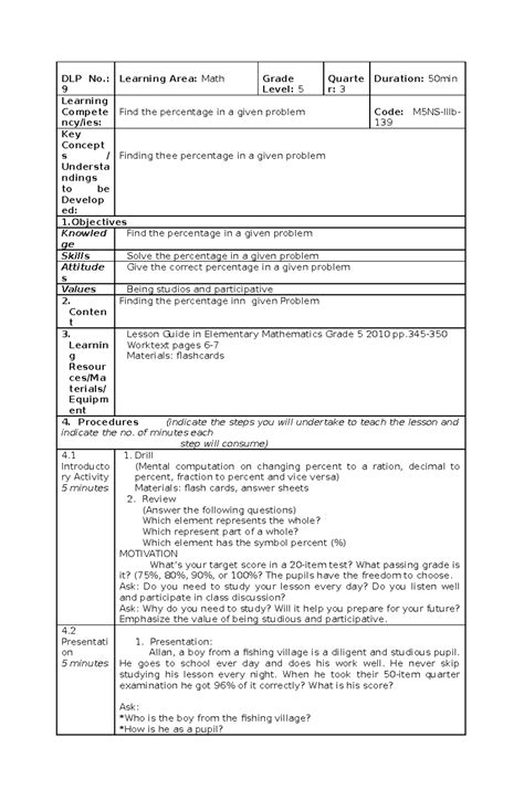 Cot Dlp Mathematics 5 By Teacher Filpa D Aro Dlp No 9 Learning Area Math Grade Level 5