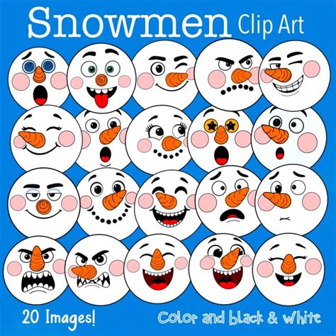 Snowman Faces Clip Art 20 Color And Black And White Pngs With Fun