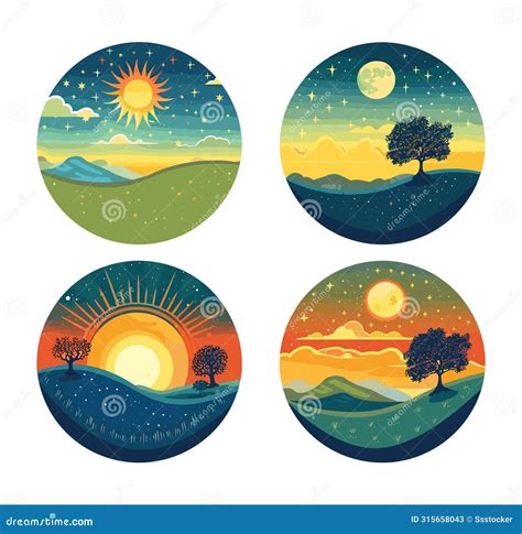 Country Landscape Day Part Cartoon Vector Collection Round Shape Sunset Dawn Midnight Sunny
