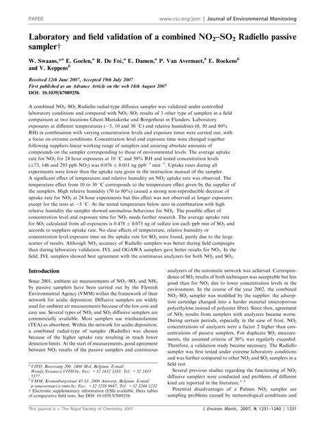 Pdf Laboratory And Field Validation Of A Combined No2 So2 Radiello
