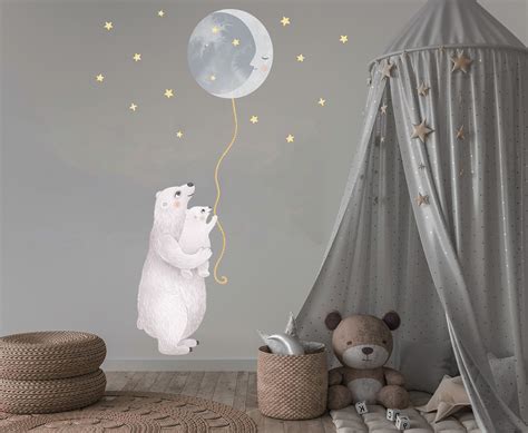 Polar Bear And Cub Wall Decal Moon And Stars Wall Decal Nursery Bear Decal Peel And Stick