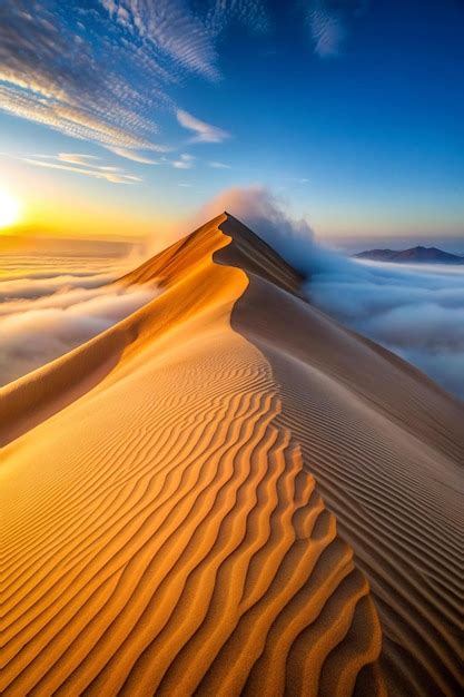 Top Of A Massive Sand Dune Emerging From A Thick Cloud Of Fog After