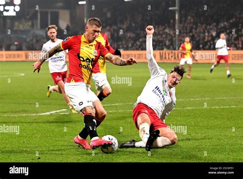 Deventer L R Victor Edvardsen Of Go Ahead Eagles Dylan Rietveld Of Vv Noordwijk During The