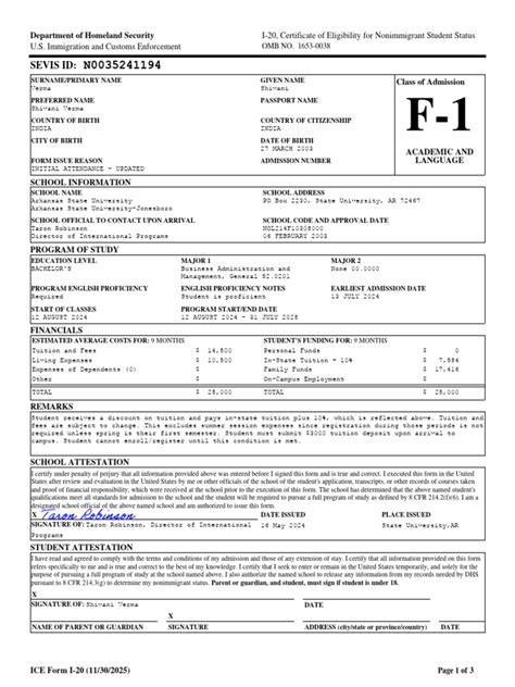 I 20 Form For Shivani Verma Pdf Travel Visa Government