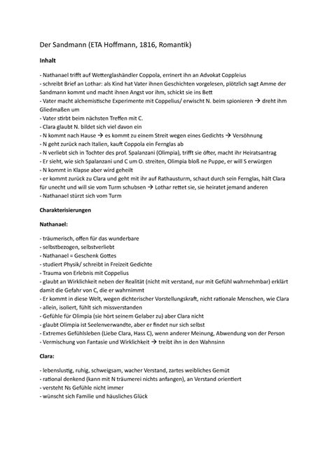 Der Sandmann Eta Hoffmann Zusammenfassung Der Sandmann Eta Hoffmann 1816 Romantik Inhalt