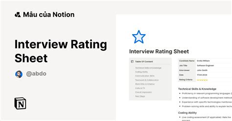 Interview Rating Sheet Mẫu Do Abdo Karmalla Tạo Thị Trường Notion