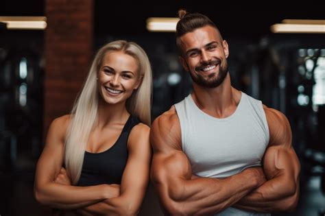 Premium Photo Athletic Couple Flexing Muscles After Gym Workout