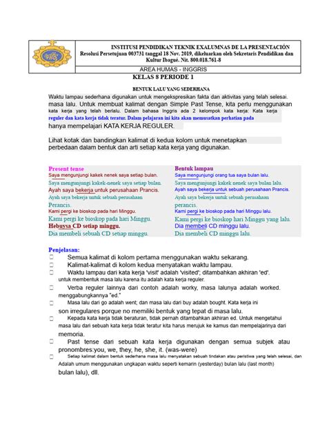 Past Simple Tense Kata Kerja Reguler Tidak Teratur Pdf